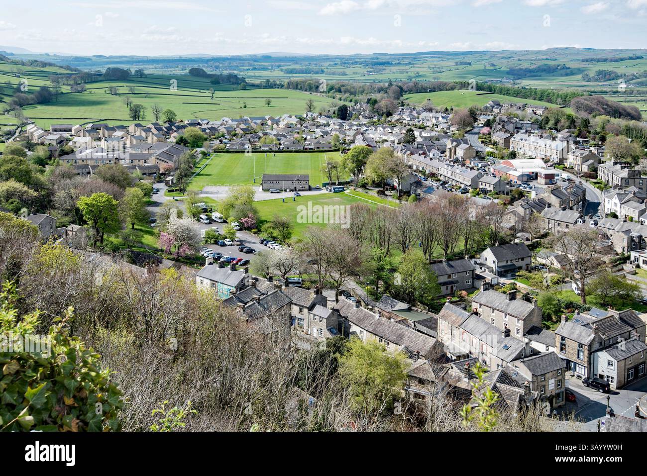 The market town of Settle from the tall limestone rock of Castleberg ...