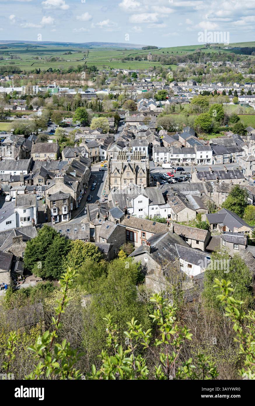 The market town of Settle from the tall limestone rock of Castleberg ...