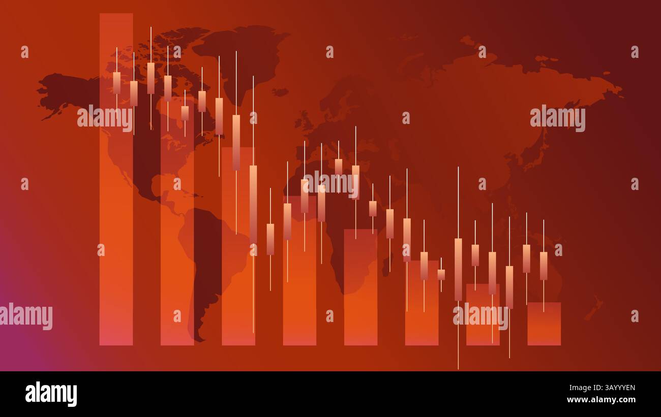 Global candlestick chart over world map illustrates synchronized market ...