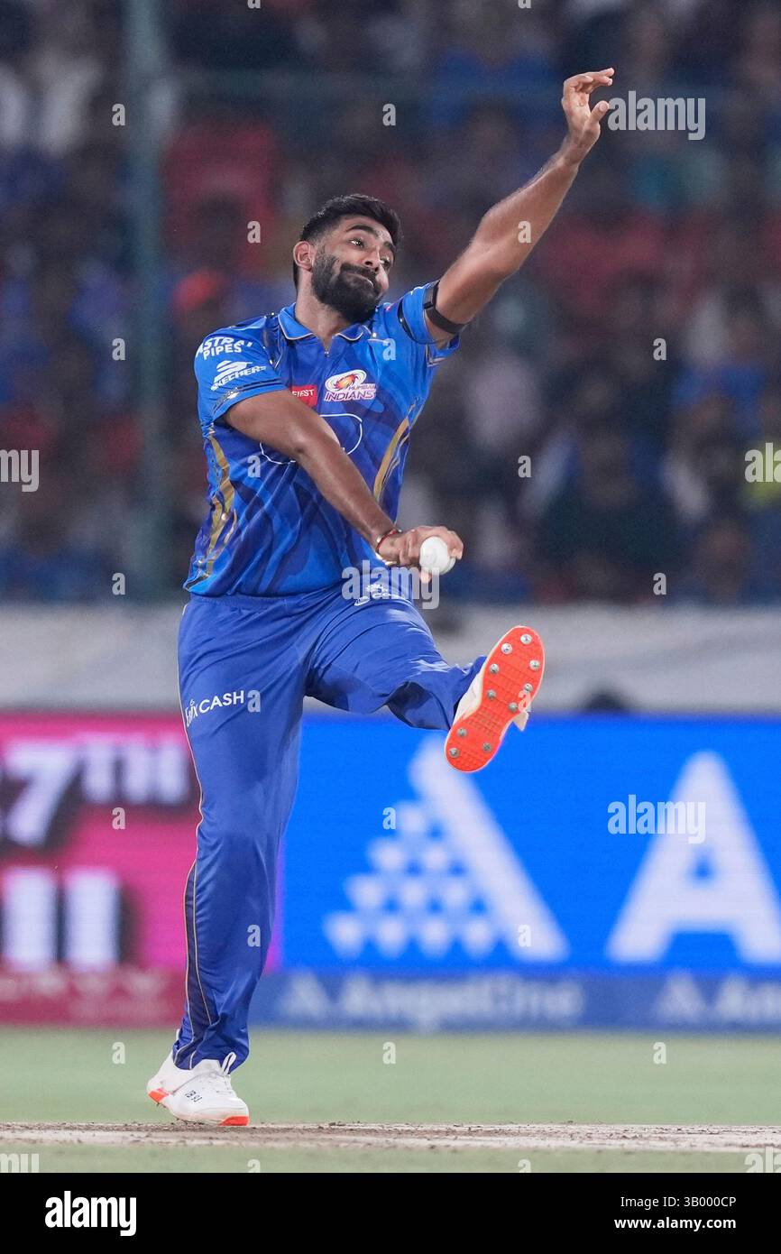 Mumbai Indians' Jasprit Bumrah bowls a delivery during the Indian Premier League cricket match ...