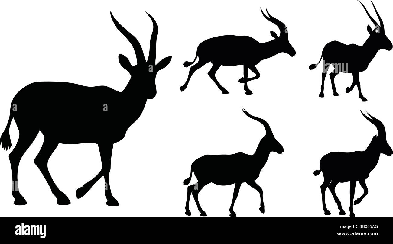 A collection of black antelope silhouettes in various poses against a ...