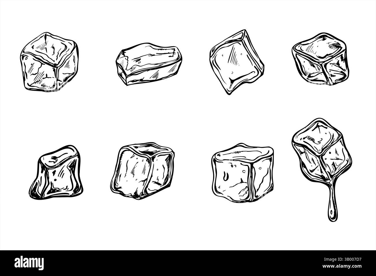 Monochrome vector ice cubes set illustration painted by black inks. Etching drawing of frozen ...