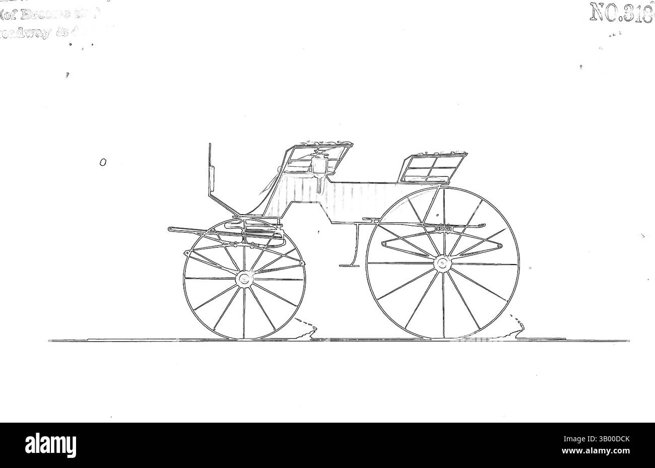 A stylized depiction of a vintage horse-drawn carriage, featuring ...