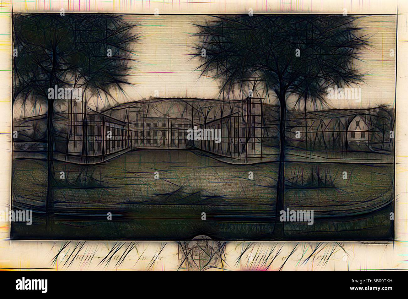A stylized architectural scene featuring a grand building surrounded by ...