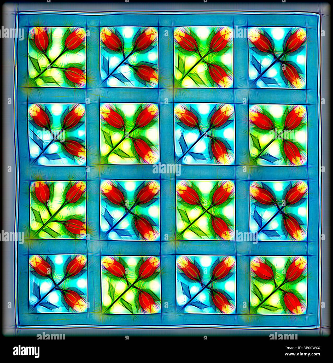 A vibrant grid of floral patterns featuring red tulips on a bright blue ...