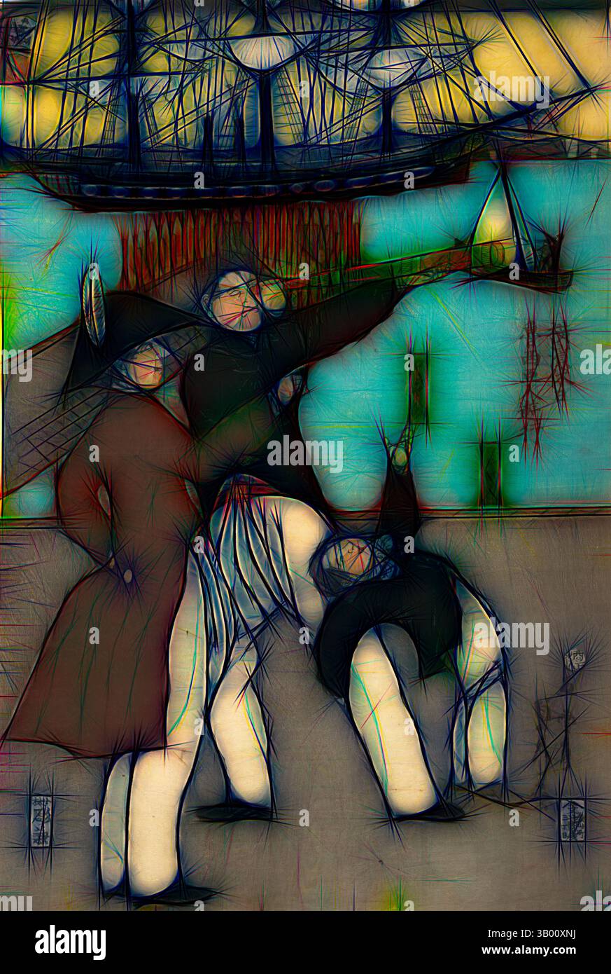 Three figures stand prominently, each showcasing distinct expressions ...