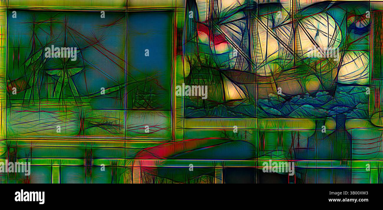 A vibrant abstract composition featuring intertwining shapes and ...