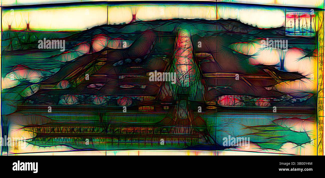 A stylized depiction of an industrial landscape, featuring intricate ...