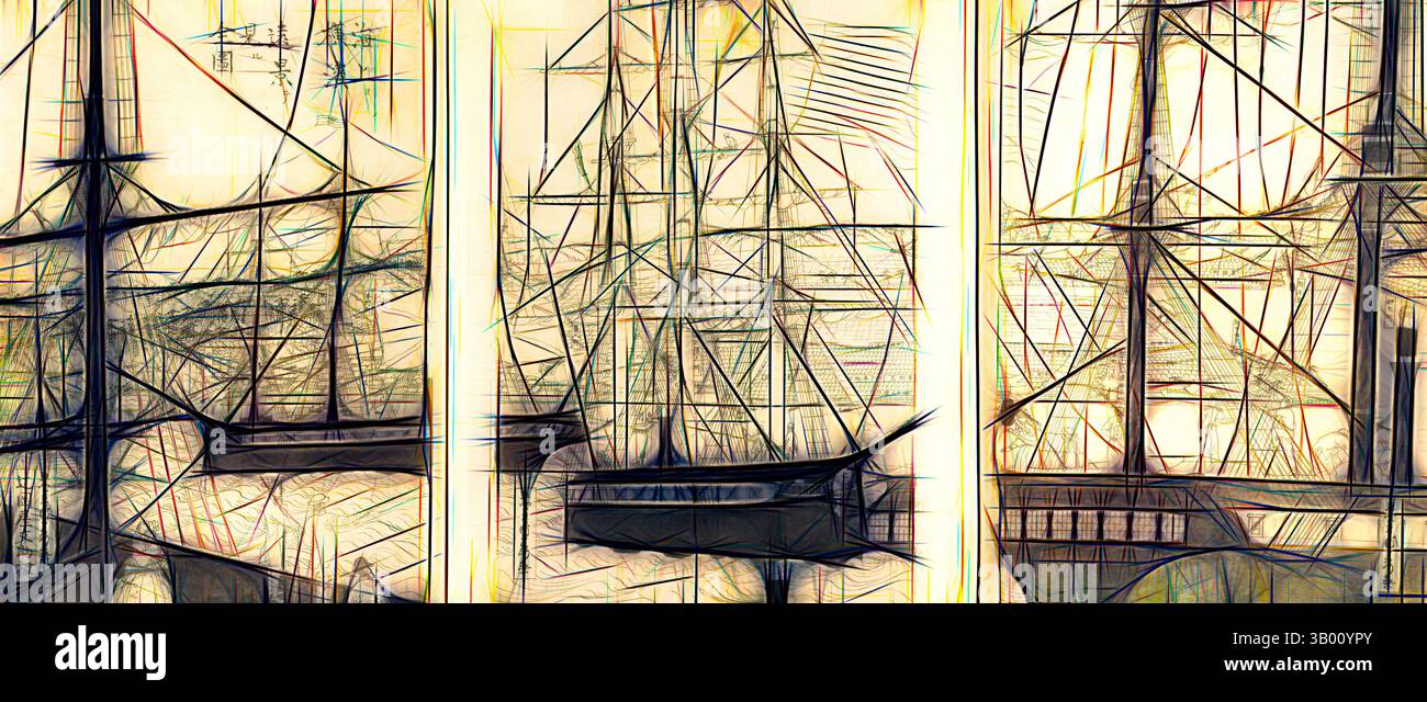 A series of abstract sailing vessels, featuring intricate lines and ...