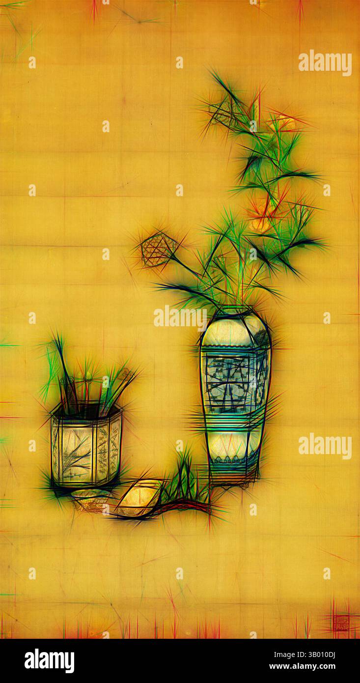 A stylized depiction of two decorative pots with plants, featuring ...