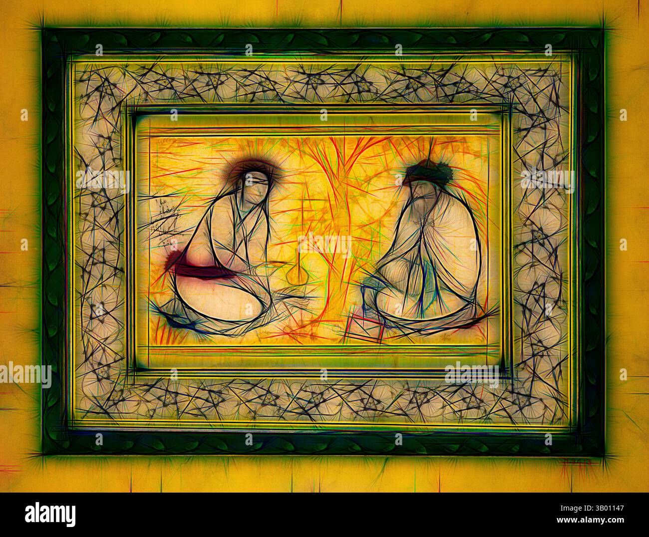 Two seated figures engaged in a contemplative exchange, surrounded by ...