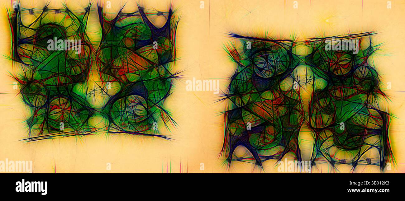 An abstract composition featuring intertwining patterns and vibrant ...