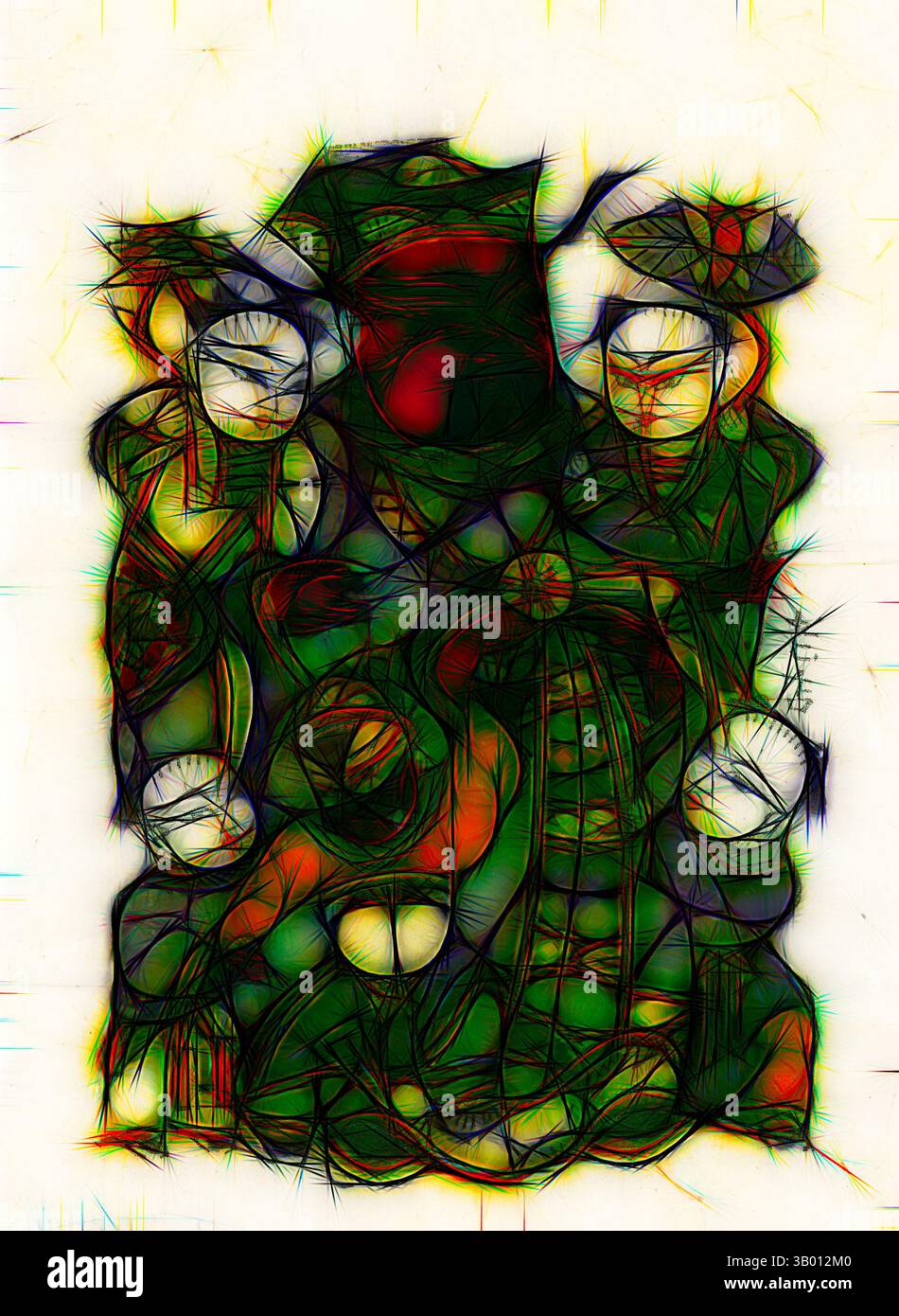 A vibrant, abstract composition featuring figures draped in flowing ...