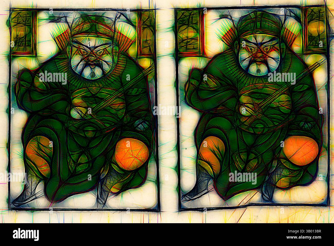Two stylized figures sit side by side, each adorned in rich, dark green ...