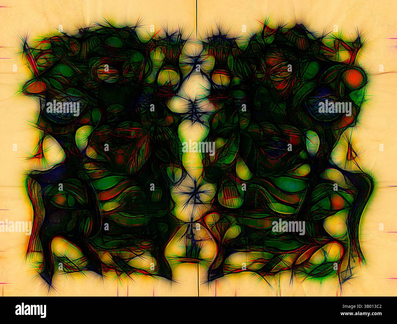 An abstract composition featuring intertwining shapes and vibrant ...