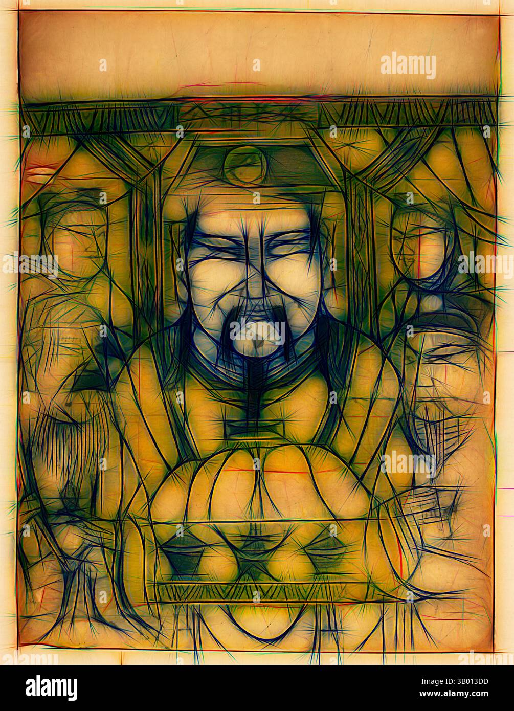 An abstract depiction of a regal figure surrounded by stylized ...