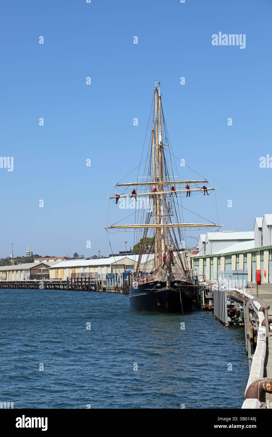 TS Leeuwin II docked at B Berth, Fremantle with trainees in rigging ...