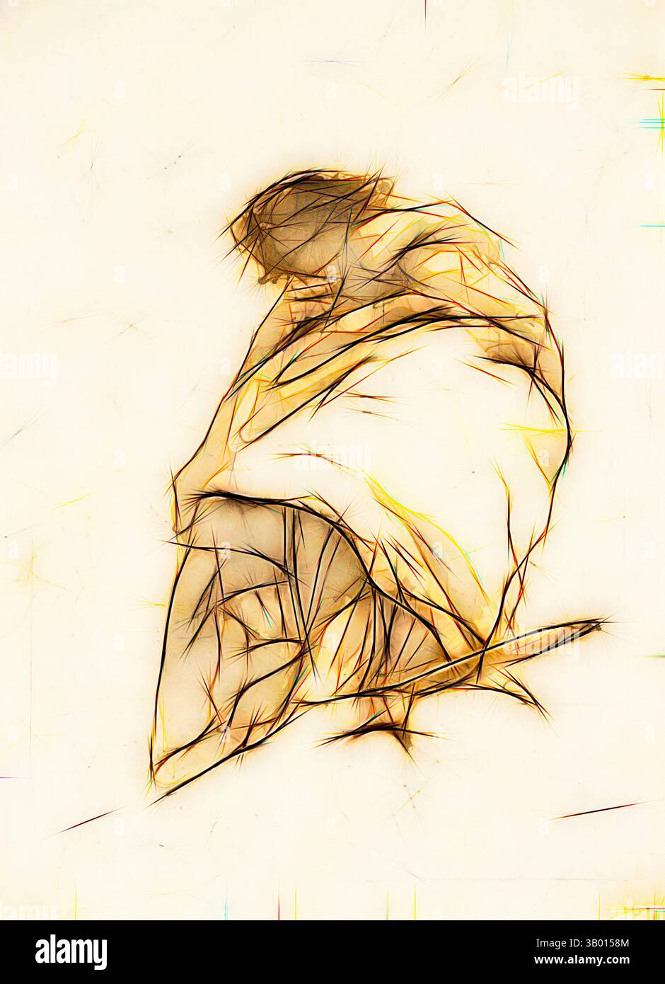 A contemplative figure sits in a crouched position, wrapped in a draped ...