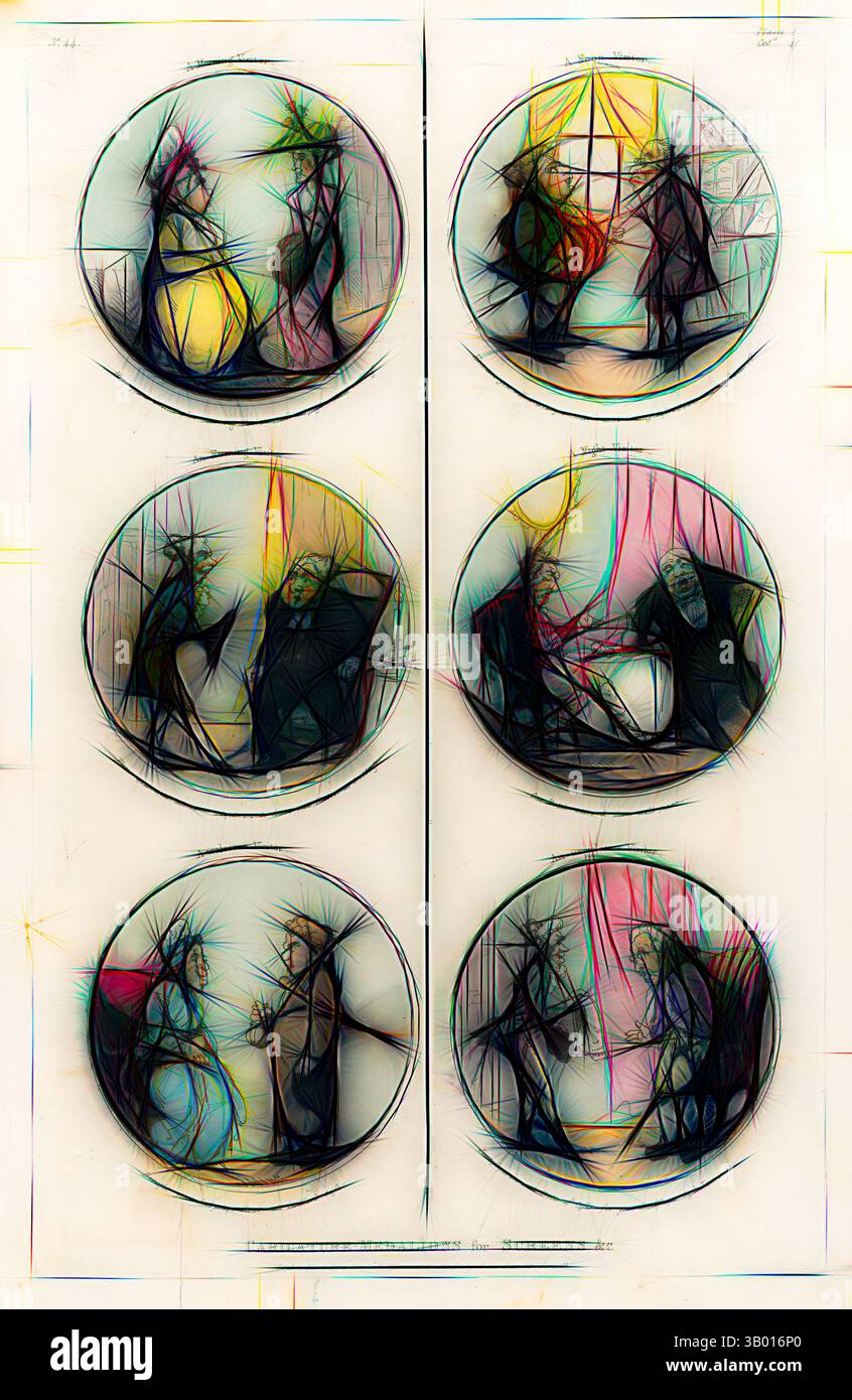 A series of abstract, circular illustrations depicting dynamic scenes ...