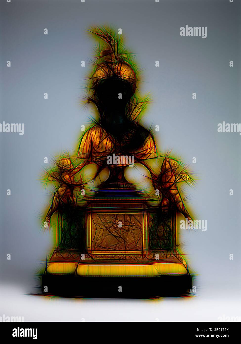 A stylized sculpture featuring a figure adorned with intricate ...