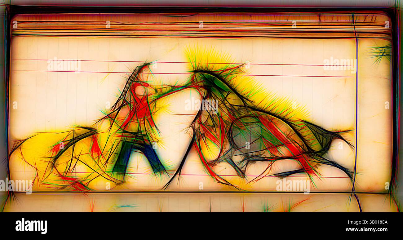 A dynamic abstract composition featuring a clash of vibrant forms ...