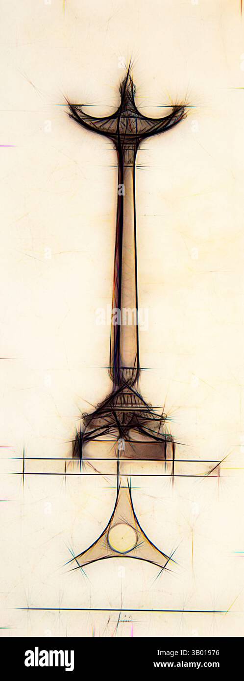 A stylized representation of a tall, iconic monument with a figure ...