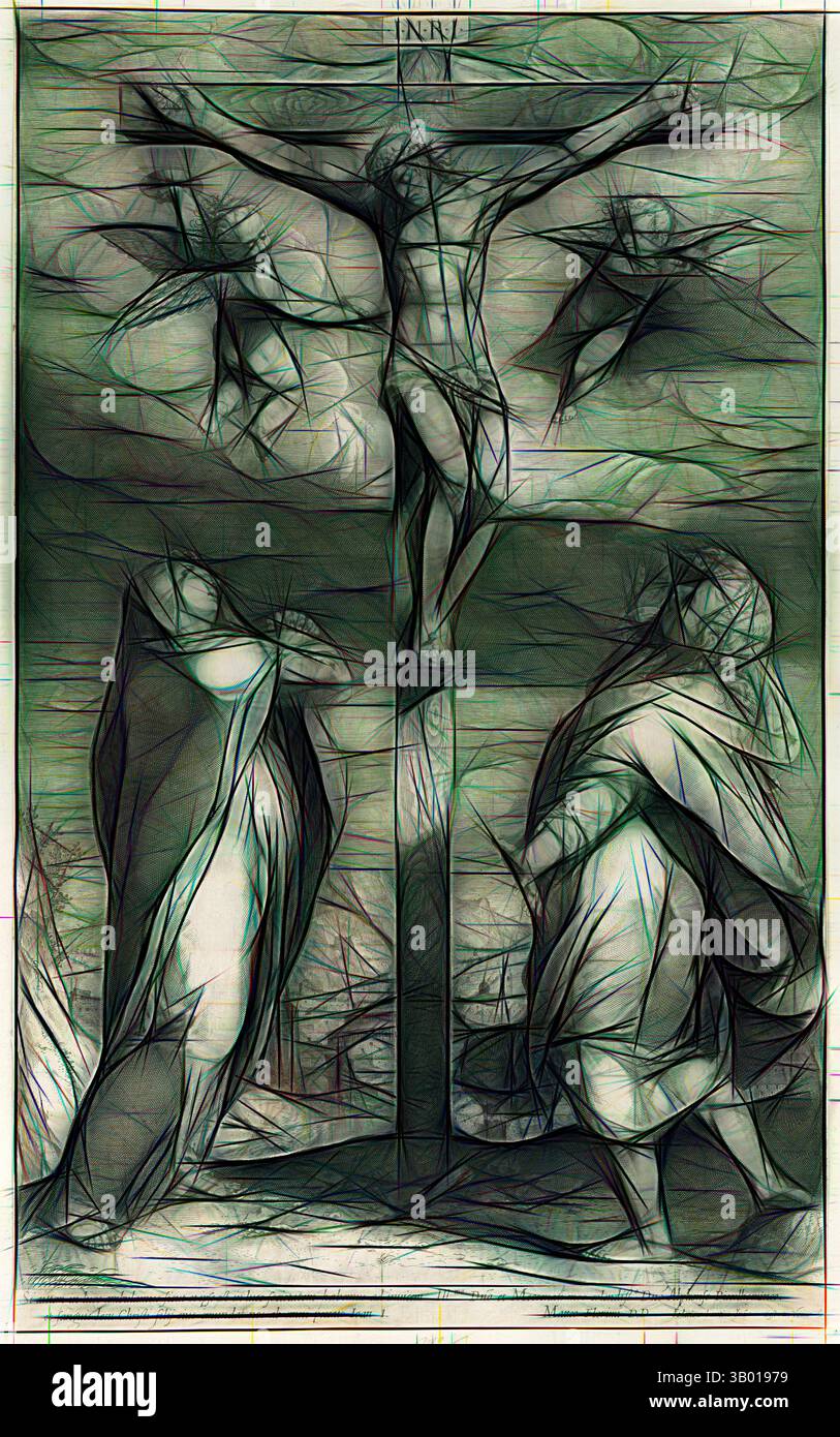 A stylized depiction of the crucifixion, featuring a figure on a cross surrounded by two solemn ...