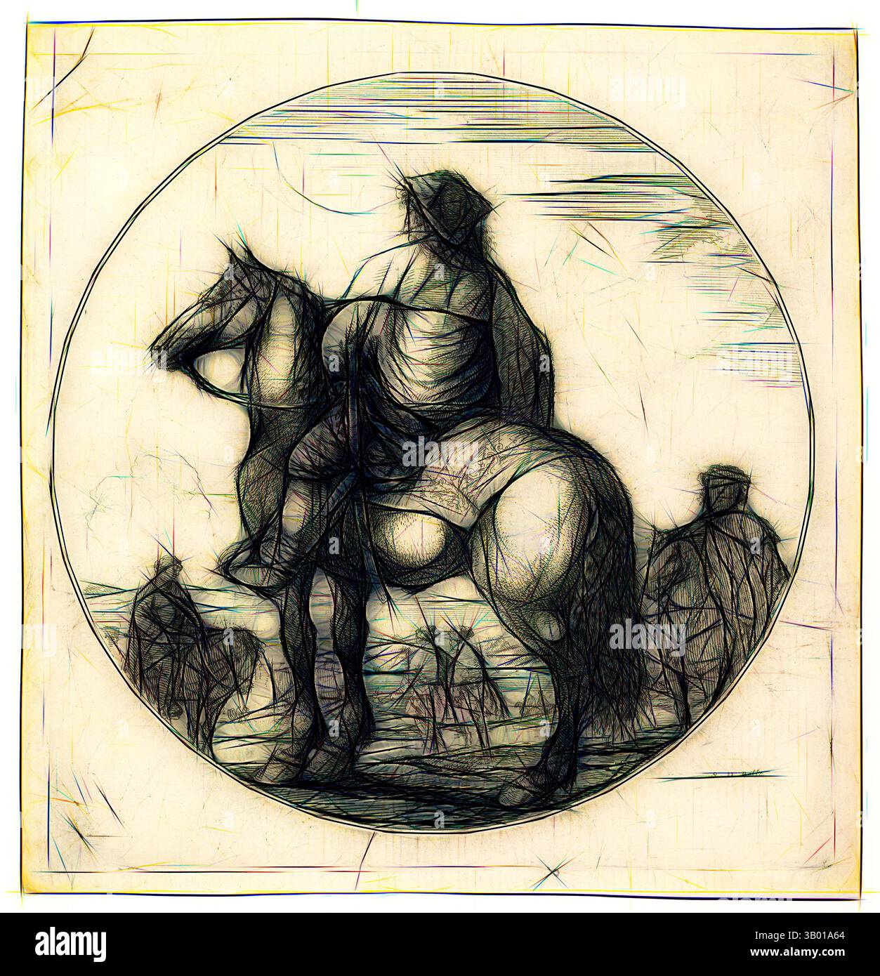 A stylized depiction of a mounted figure, commanding attention with a ...