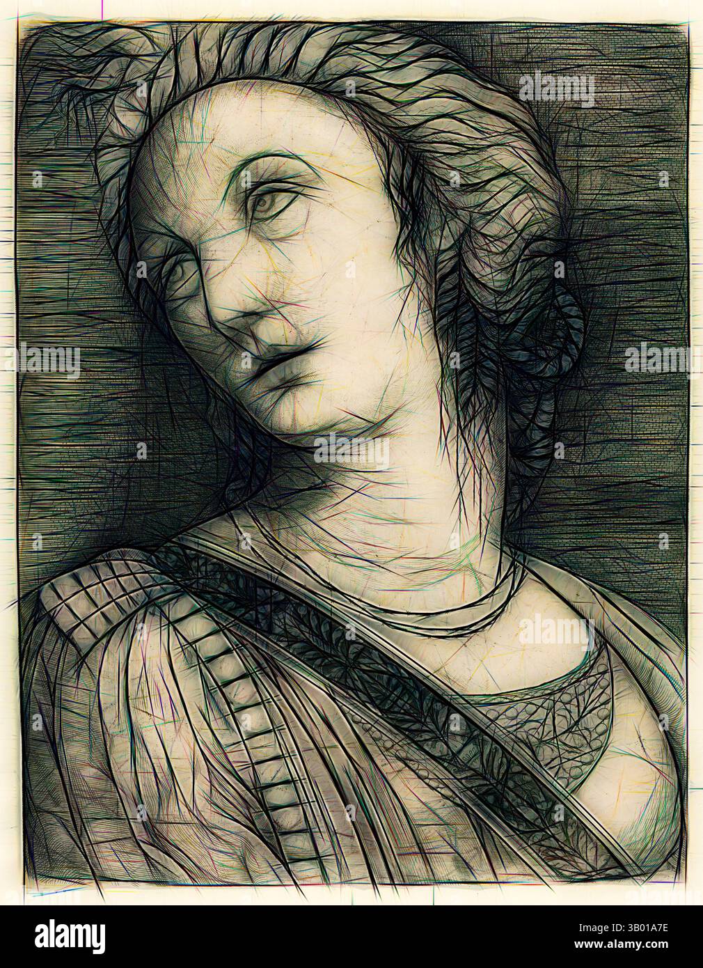 A striking depiction of a female figure, her gaze elevated and ...
