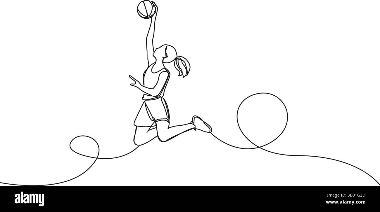 continuous single line drawing of female basketball player jumping ...