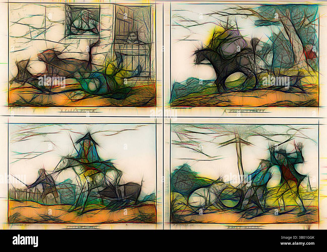 A series of abstract scenes depicting fragmented landscapes, featuring ...