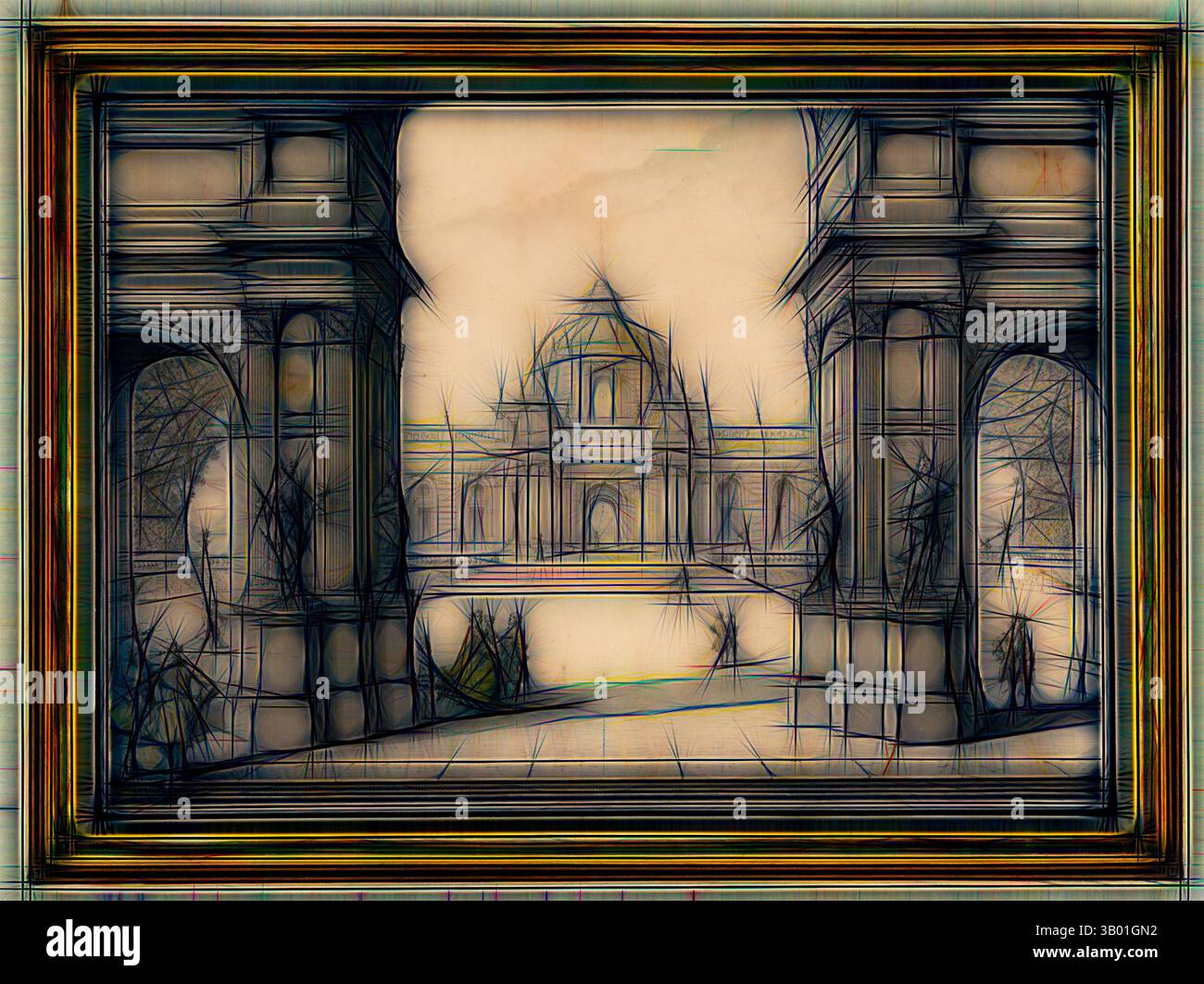 An ornate archway leads to a grand architectural structure, framed by ...