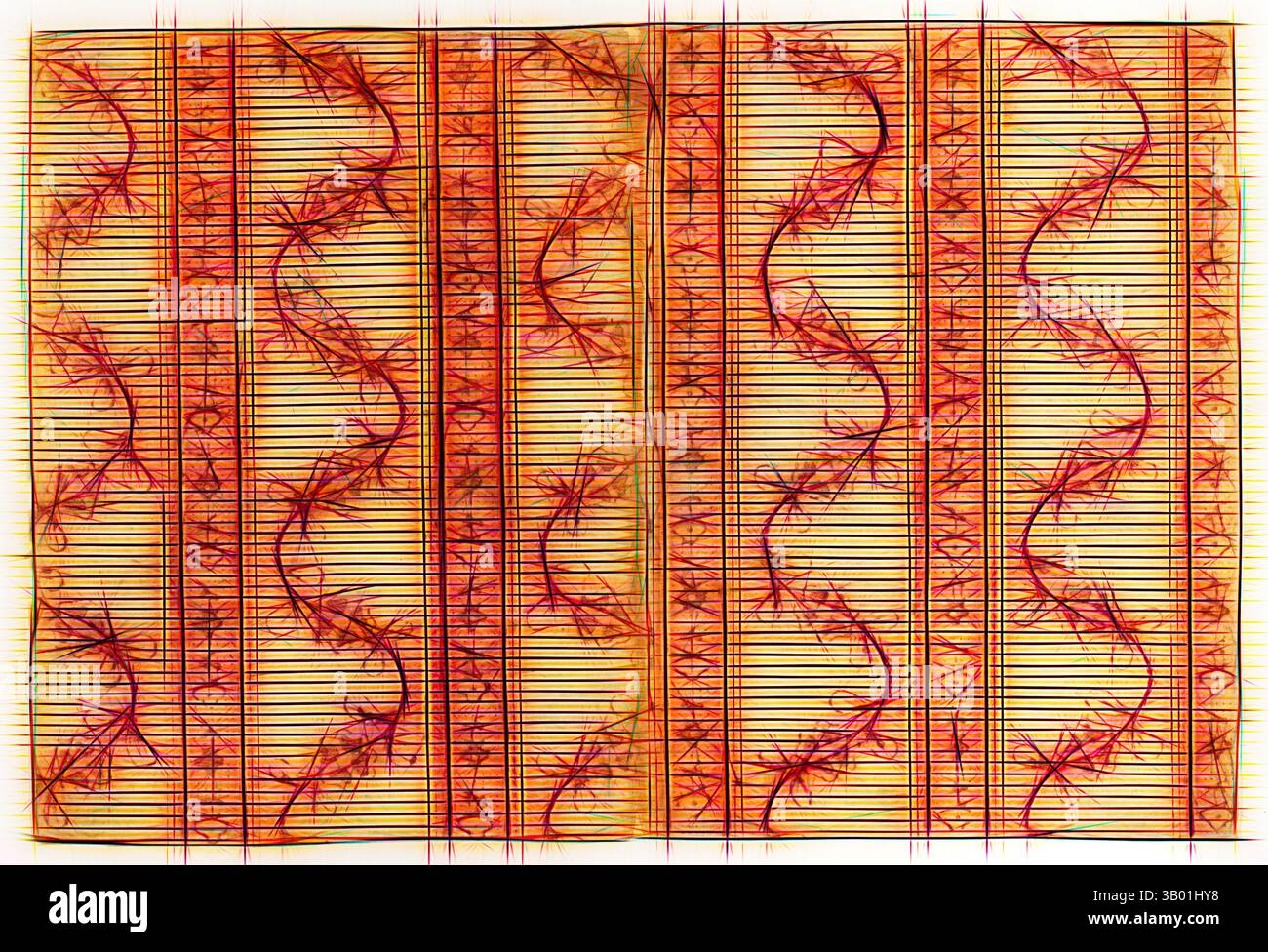 A vibrant pattern featuring intricate, wavy designs intertwined with ...