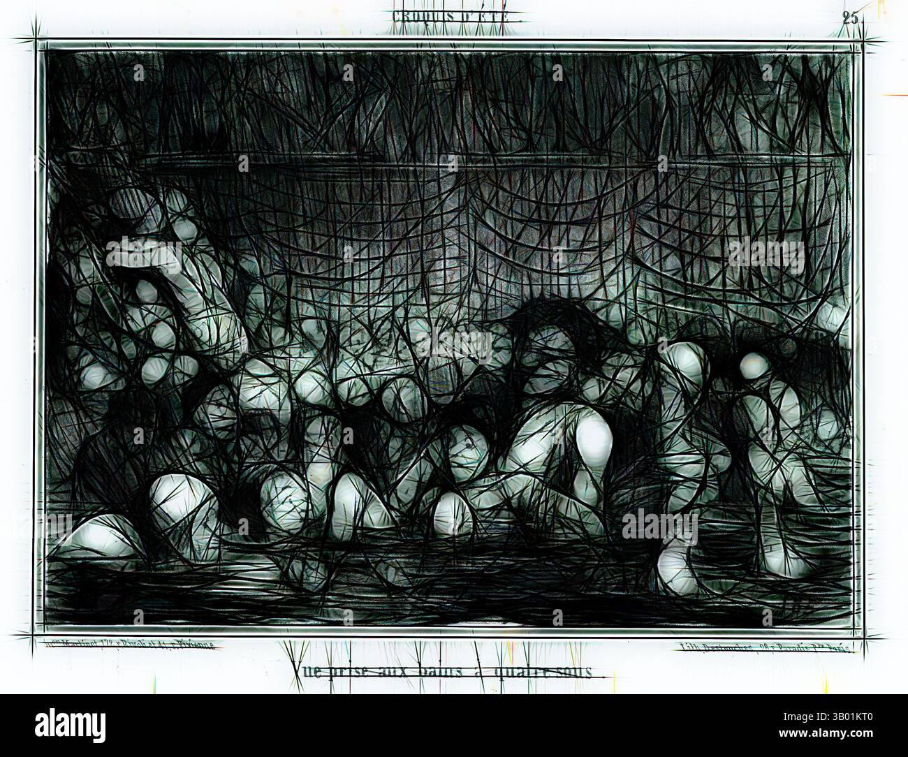 A chaotic scene filled with abstract figures and swirling lines ...