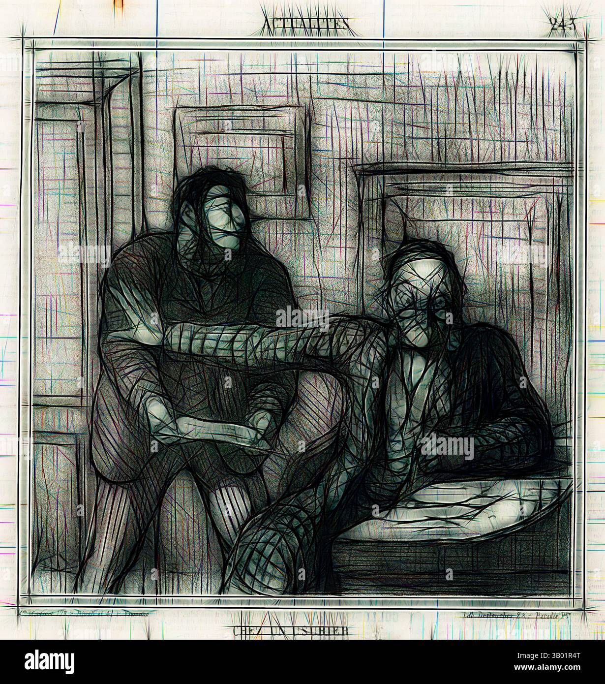 Two stylized figures engage in a tense interaction, with one appearing ...