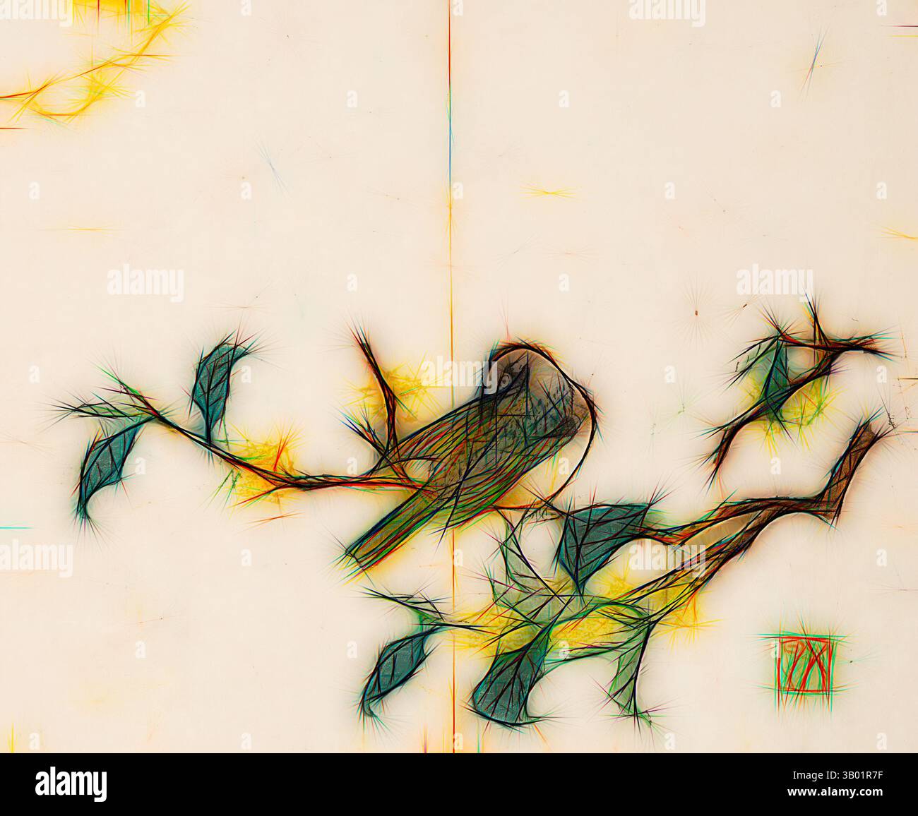A delicate bird perches on a slender branch adorned with vibrant leaves ...