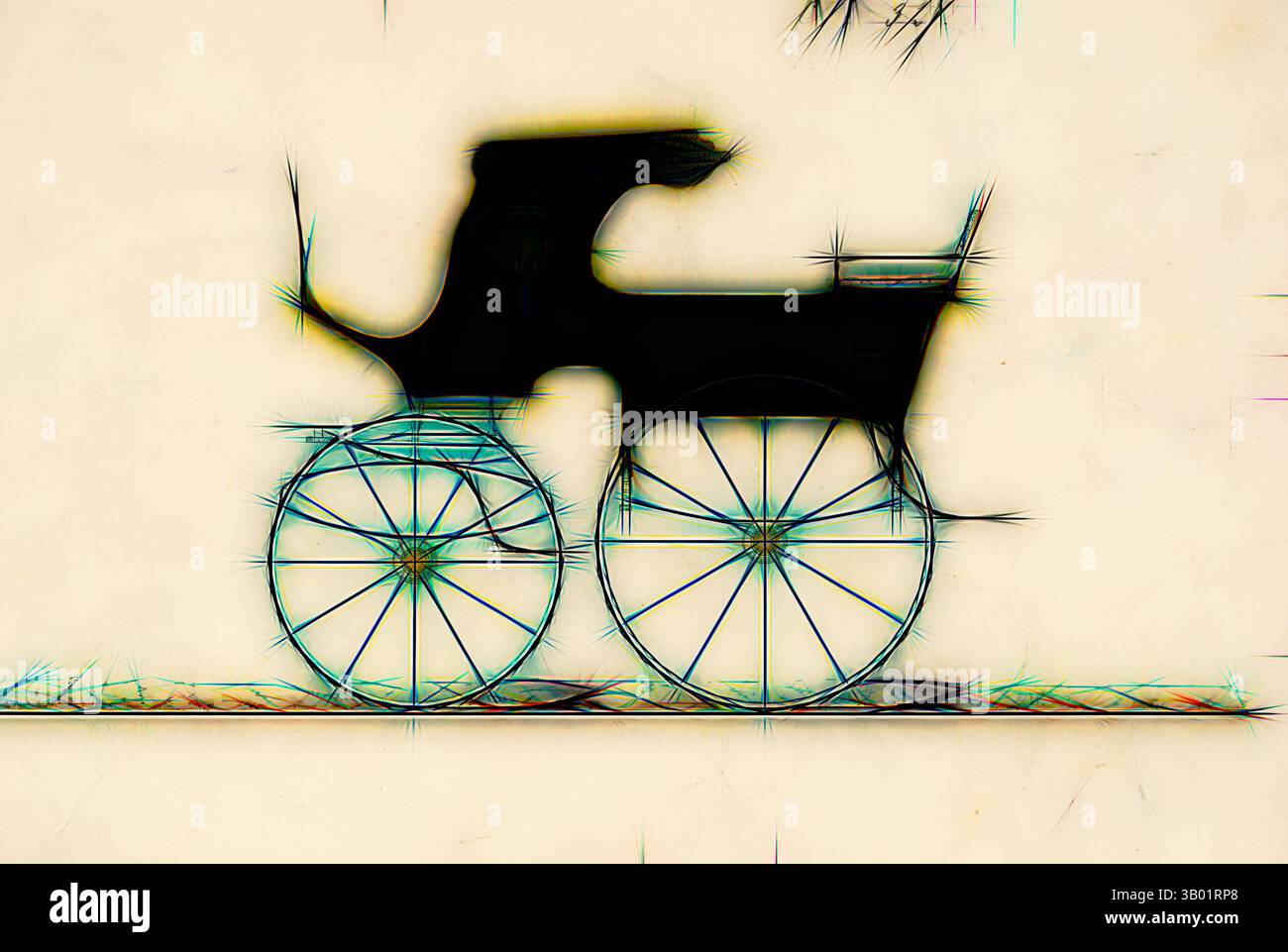 A stylized depiction of a classic horse-drawn carriage, featuring ...