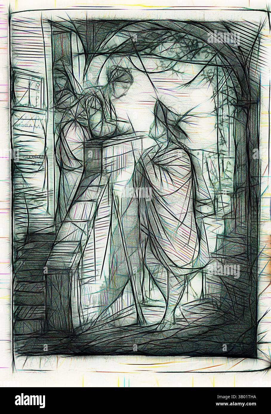 A stylistic representation of two figures engaged in conversation, set ...