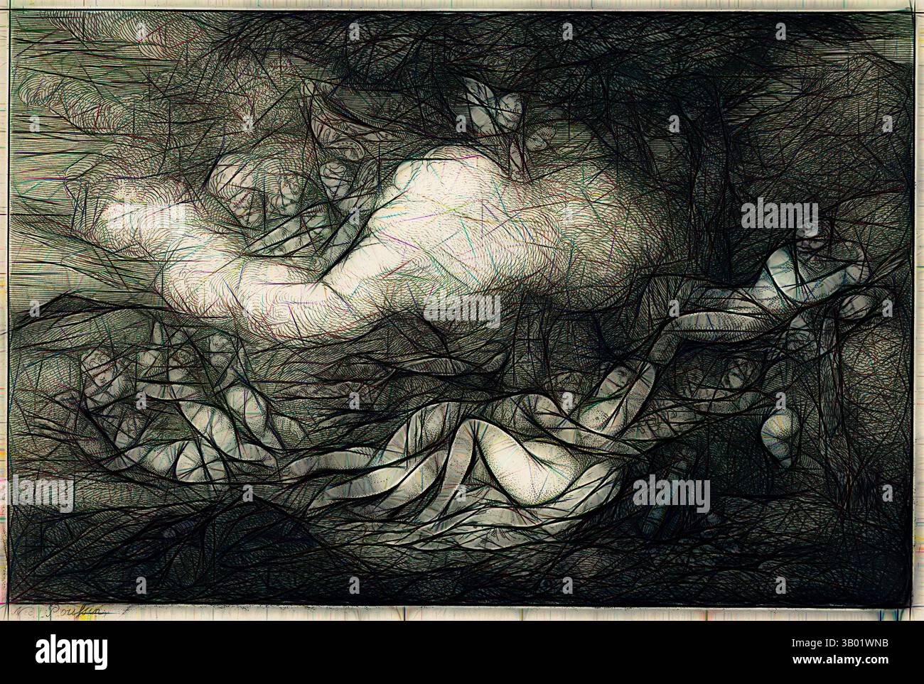 A dreamlike scene featuring ethereal figures entwined amidst swirling shapes and shadowy forms ...