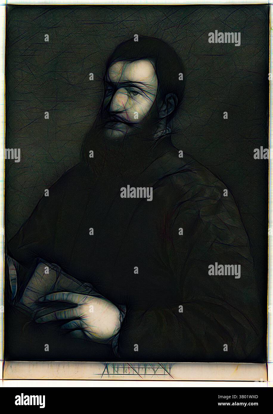 A solemn figure with a prominent beard, dressed in dark attire, holds a ...