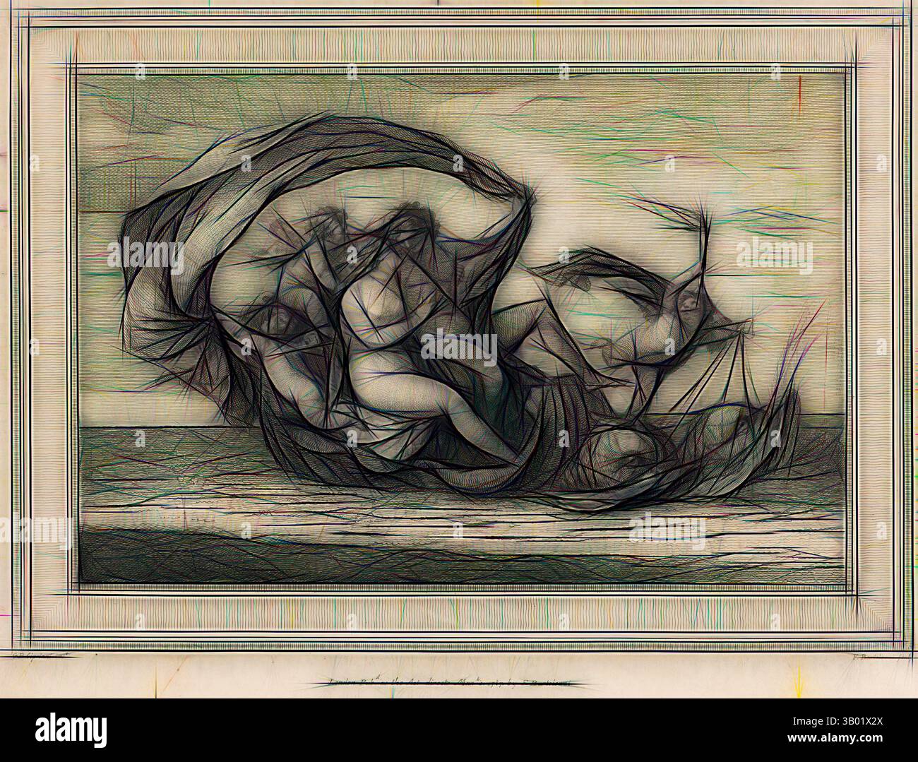 A dynamic and abstract composition depicts a contorted form ...