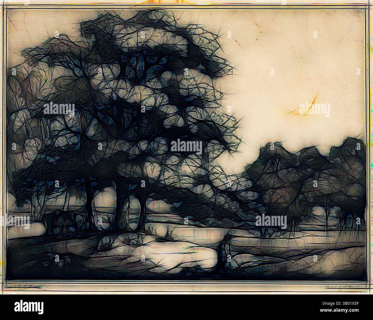 A stylized landscape featuring intricate, swirling outlines of trees ...