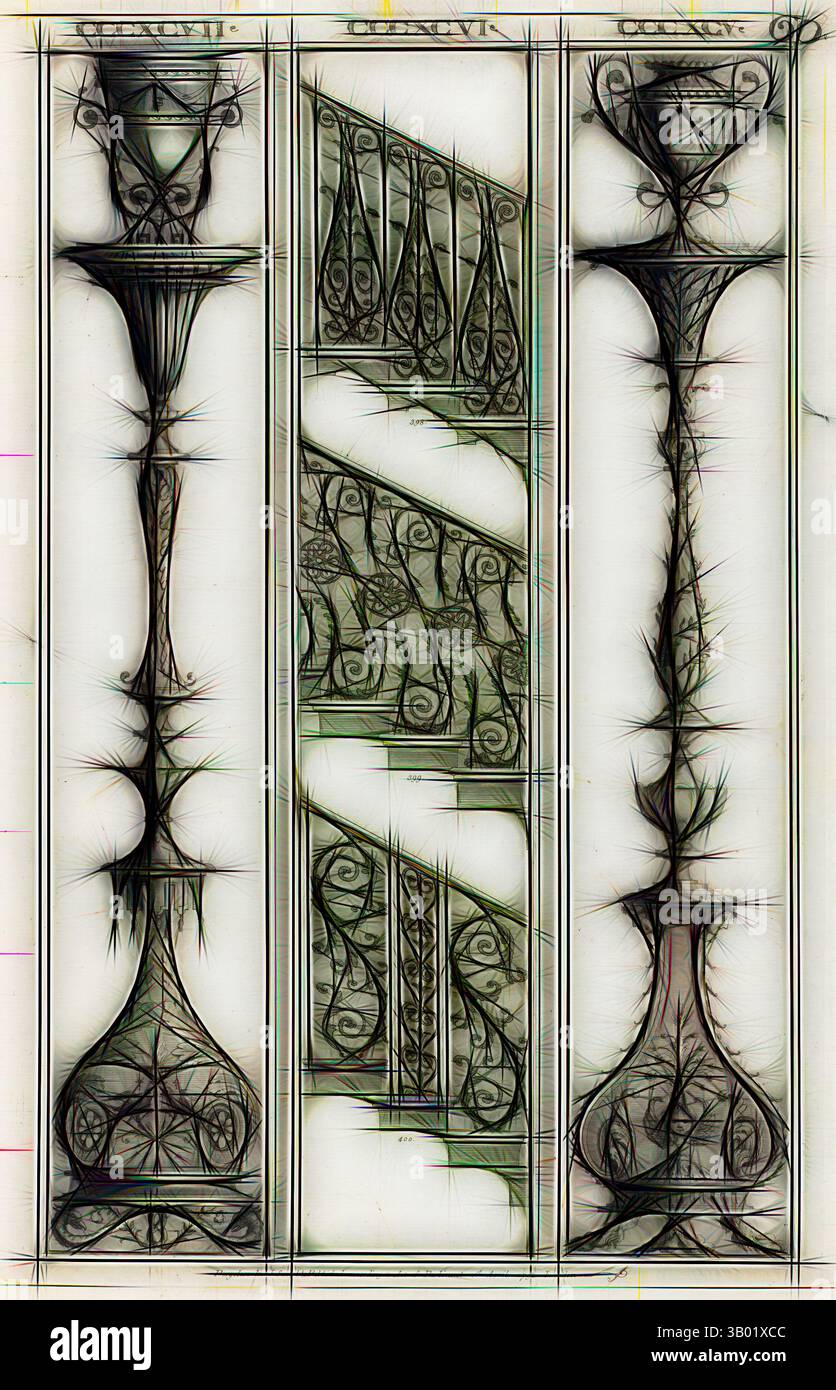 An intricate design featuring a series of ornate lamp structures and a ...