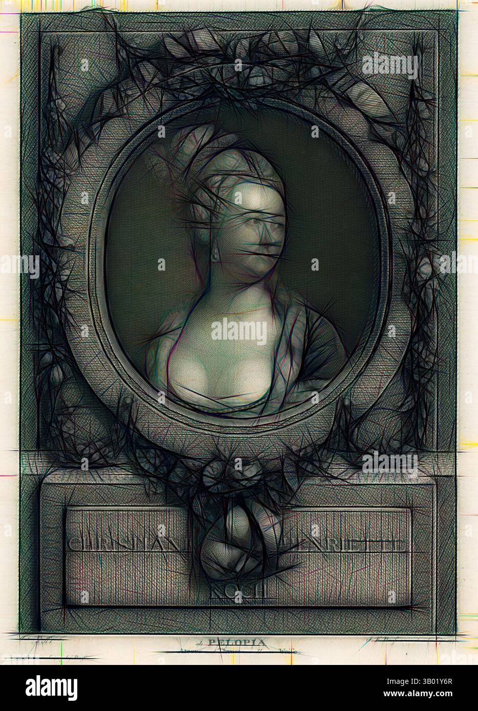 A classical bust portrait framed by intricate floral designs, featuring ...