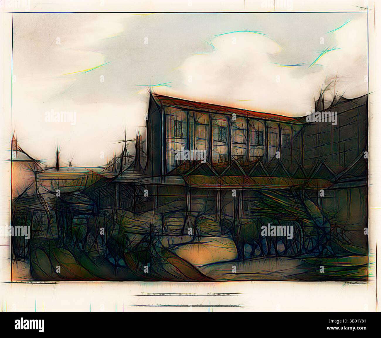 A stylized view of an urban landscape featuring a prominent building ...
