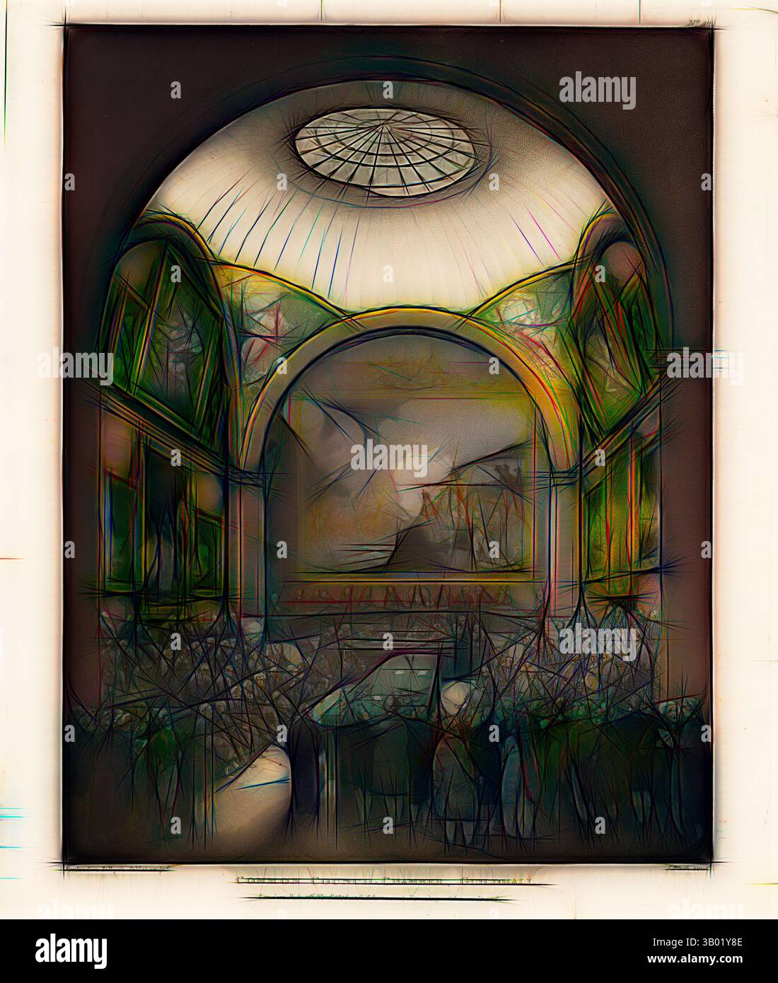 A grand interior featuring an arched ceiling with a circular skylight ...