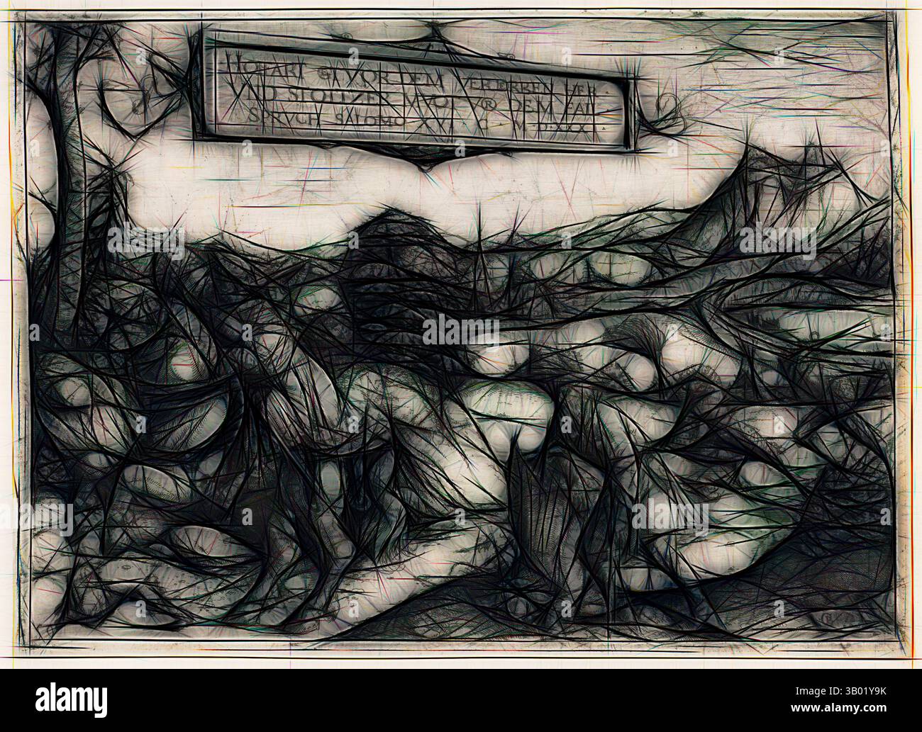 A rugged landscape is depicted, with textured forms and swirling lines ...