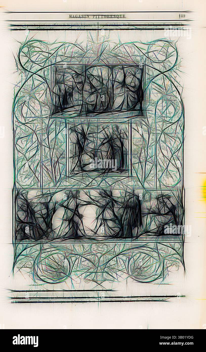 An abstract composition featuring intricate linework and organic forms ...