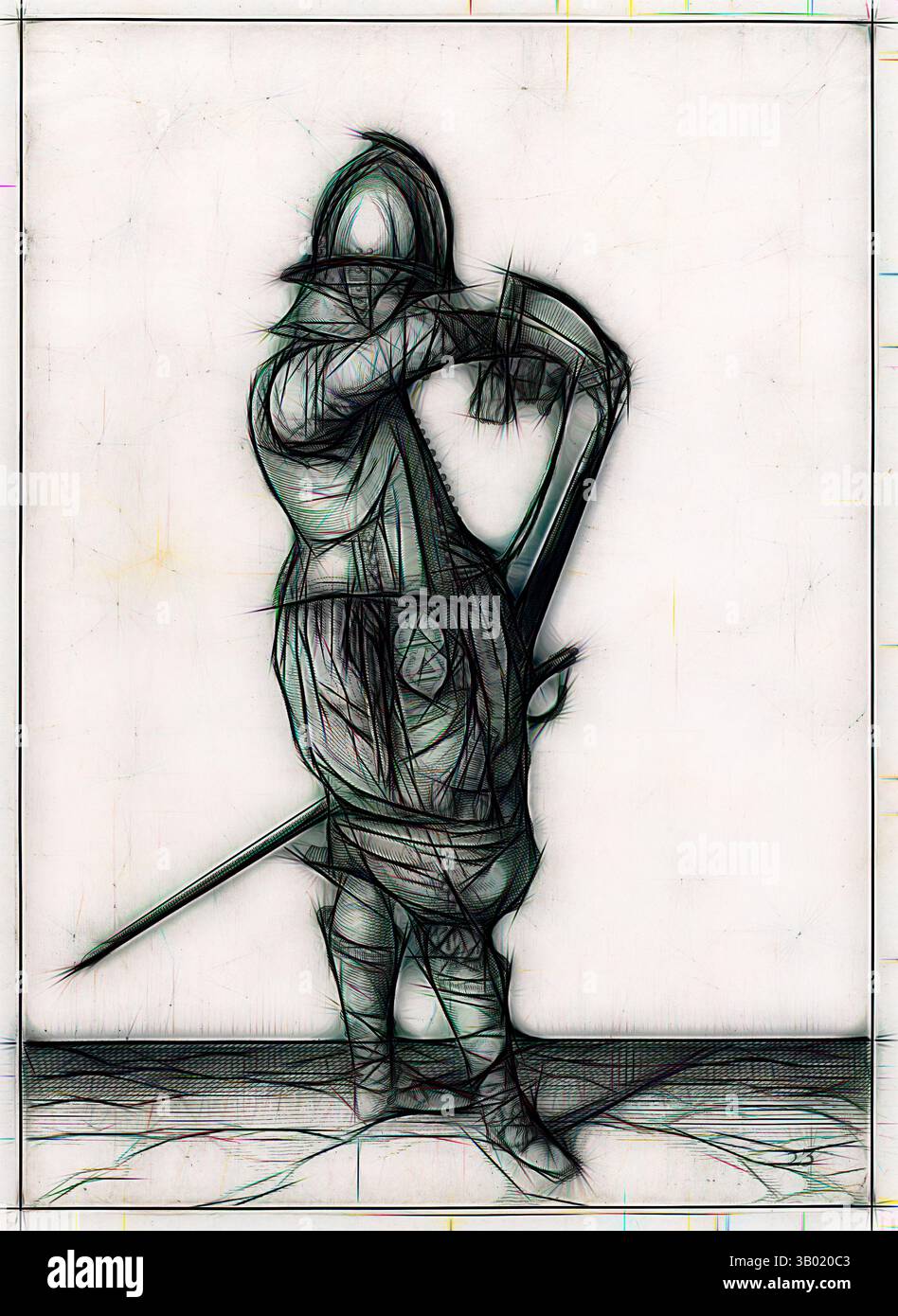 A stylized figure stands poised, wielding a sword with a sense of ...