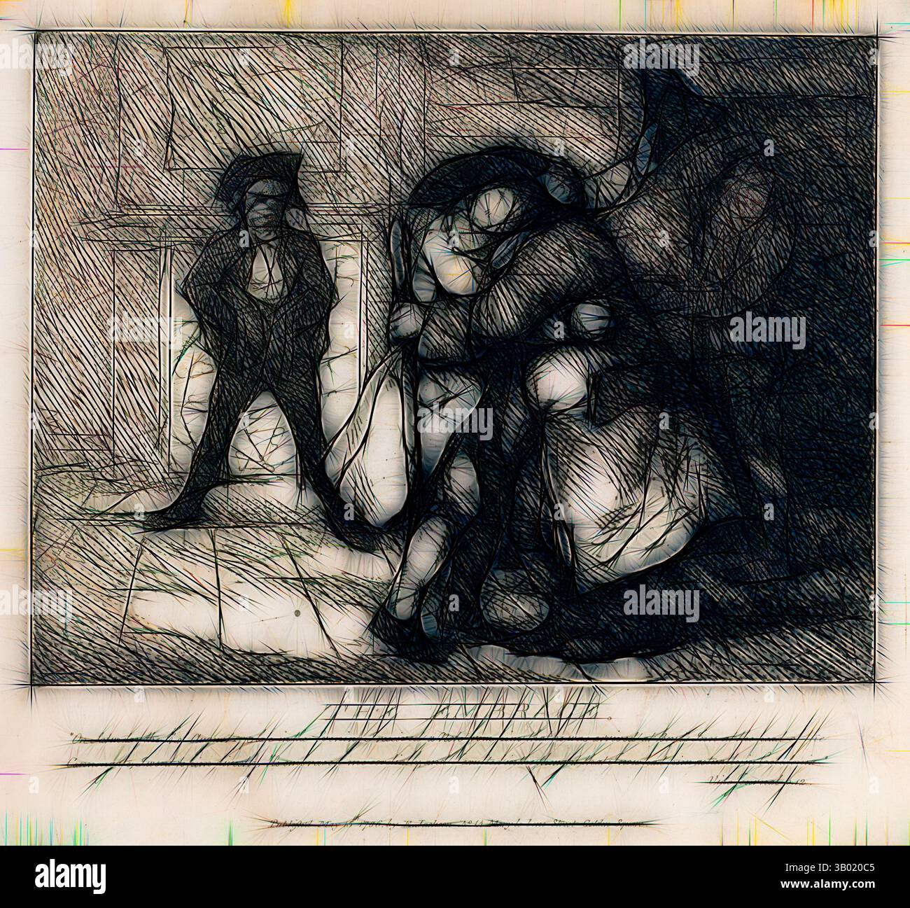 A trio of figures in historical attire, with one person standing aside ...